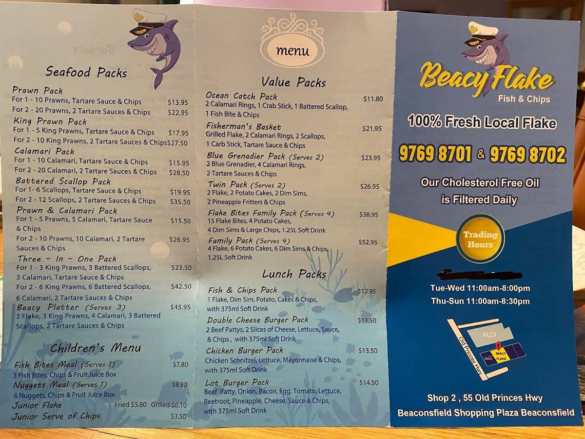 Menu at Beaconsfield Fish and Chips restaurant, Beaconsfield