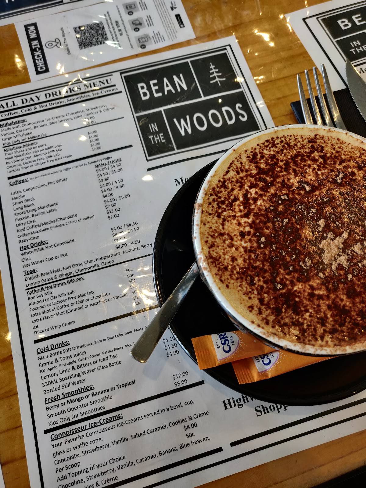 Menu at Bean in the Woods cafe, Ringwood