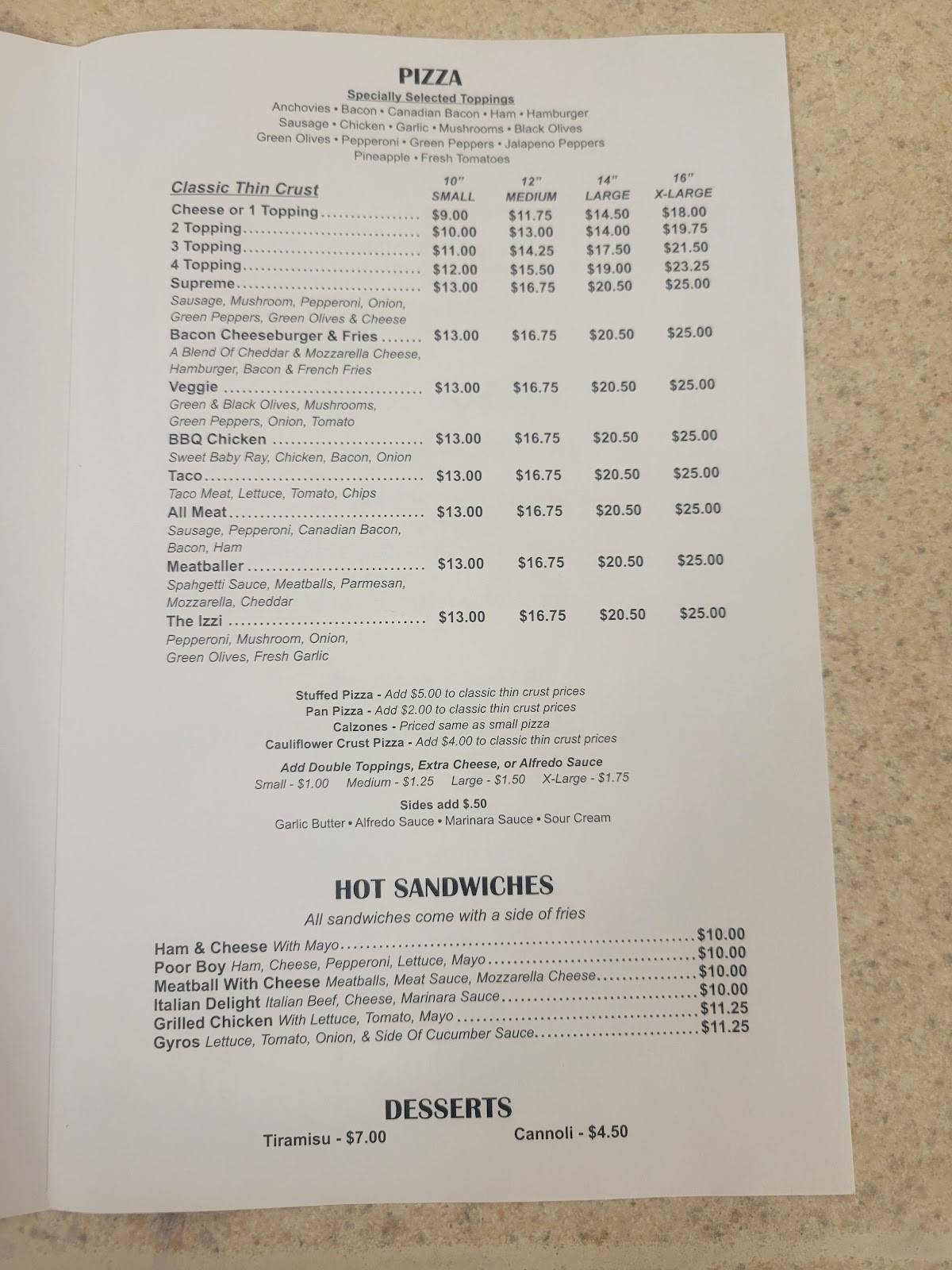 Menu at Benny's Pizza pizzeria, Beardstown