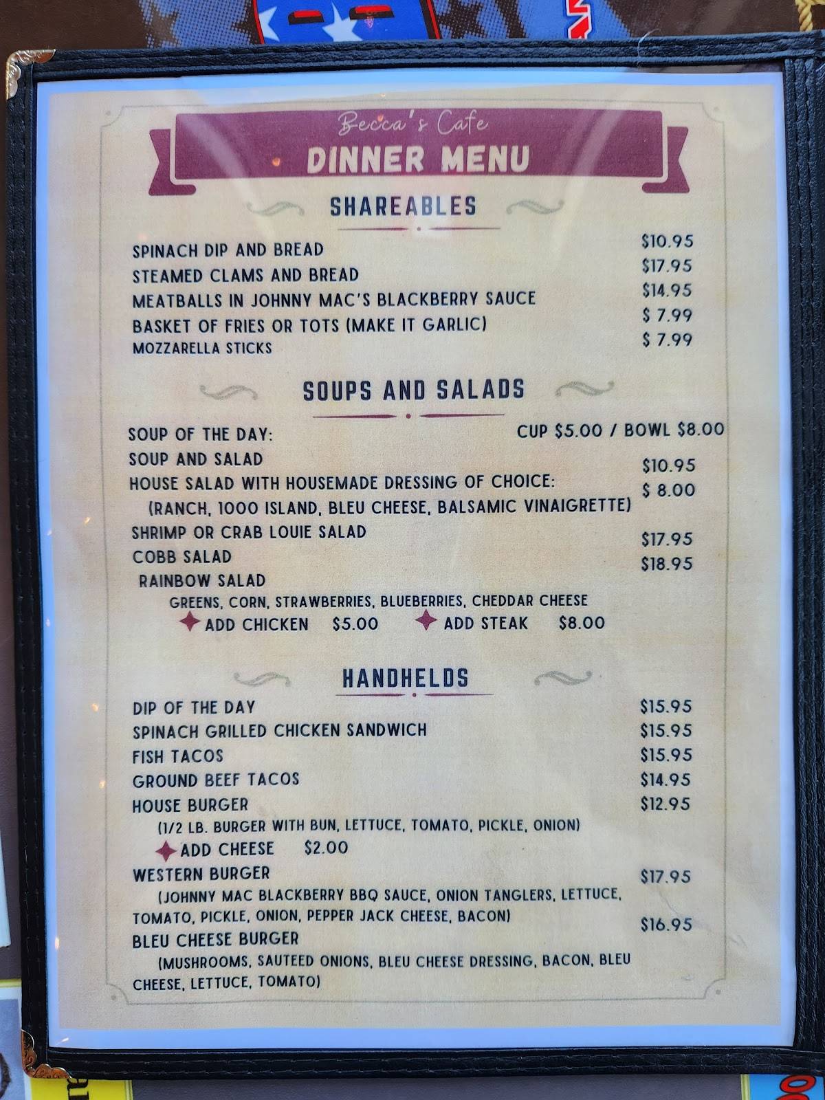 Menu at Becca's Cafe, Anderson