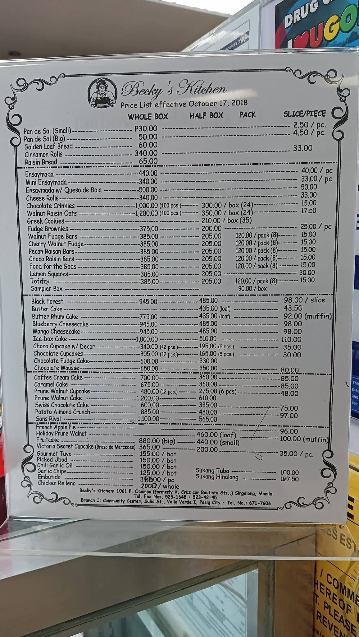 Menu at Becky's Kitchen restaurant, Pasig, Community Center