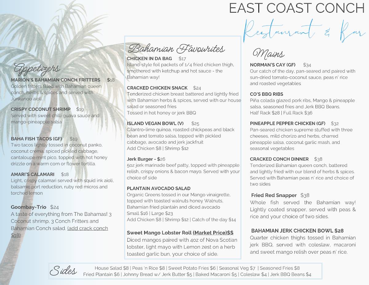Menu at East Coast Conch Restaurant & Bar, Bedford