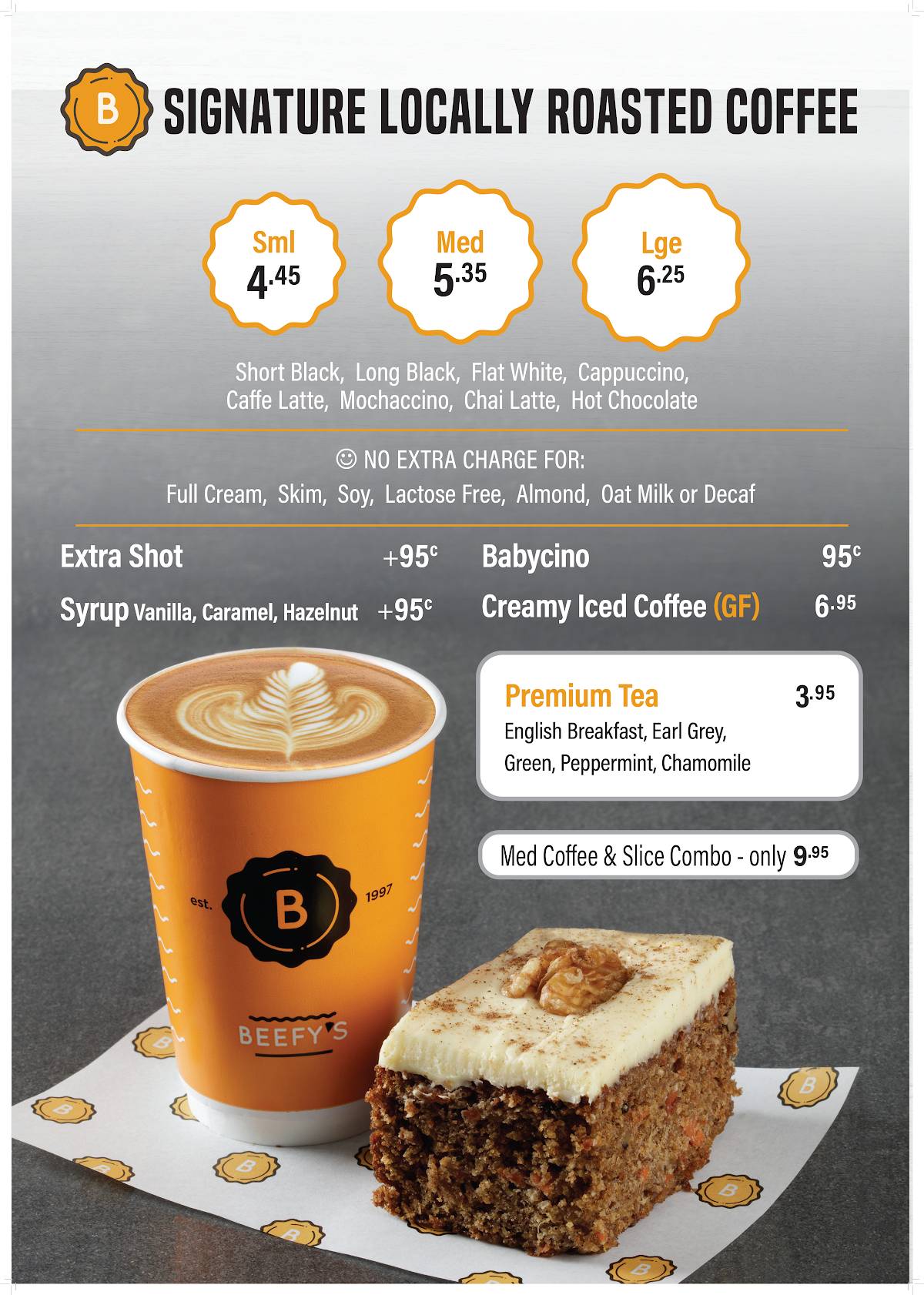 Menu at Beefy's Aussie World fast food, Palmview
