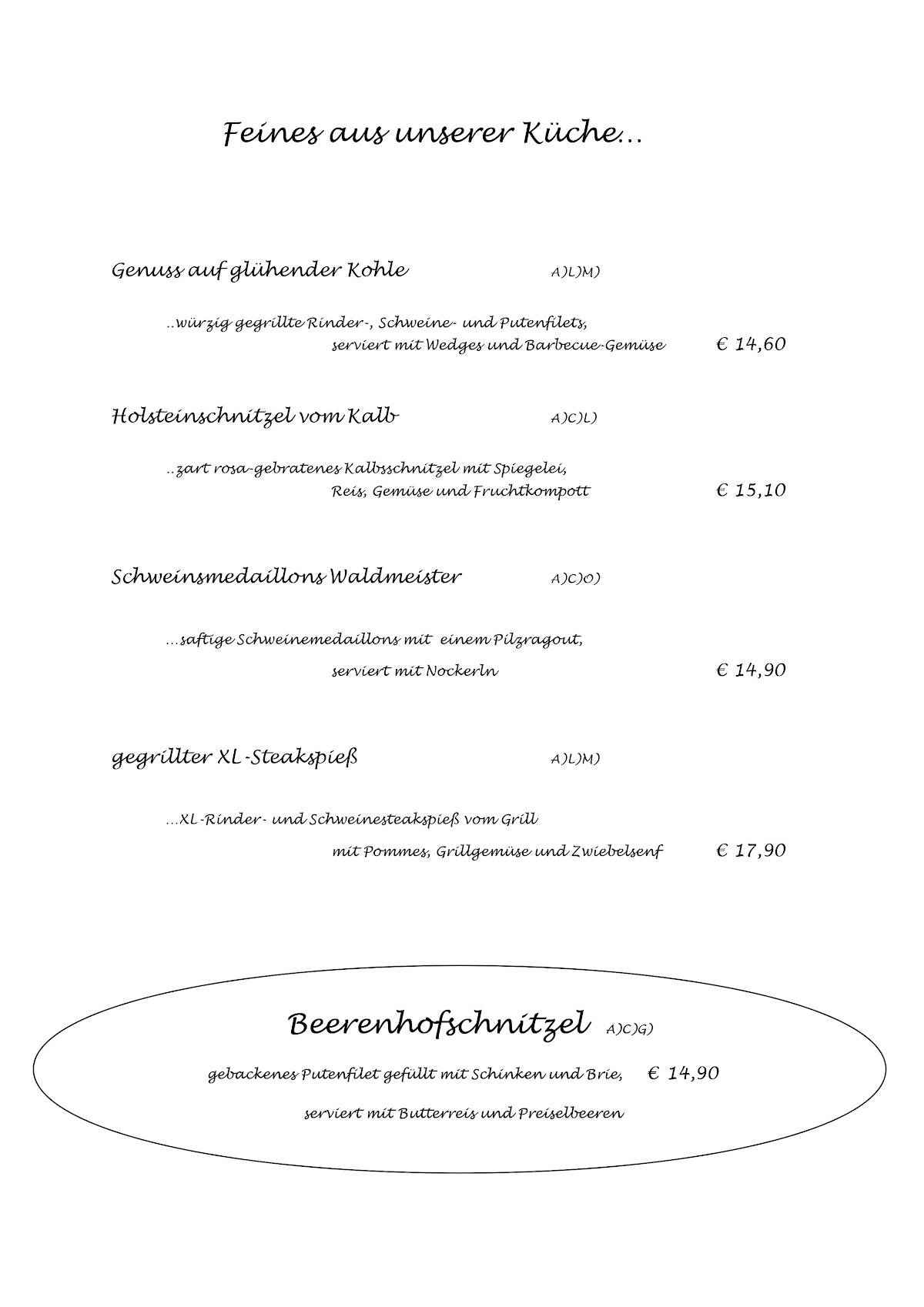 Speisekarte von Beerenhof-Wiesen restaurant, Wiesen