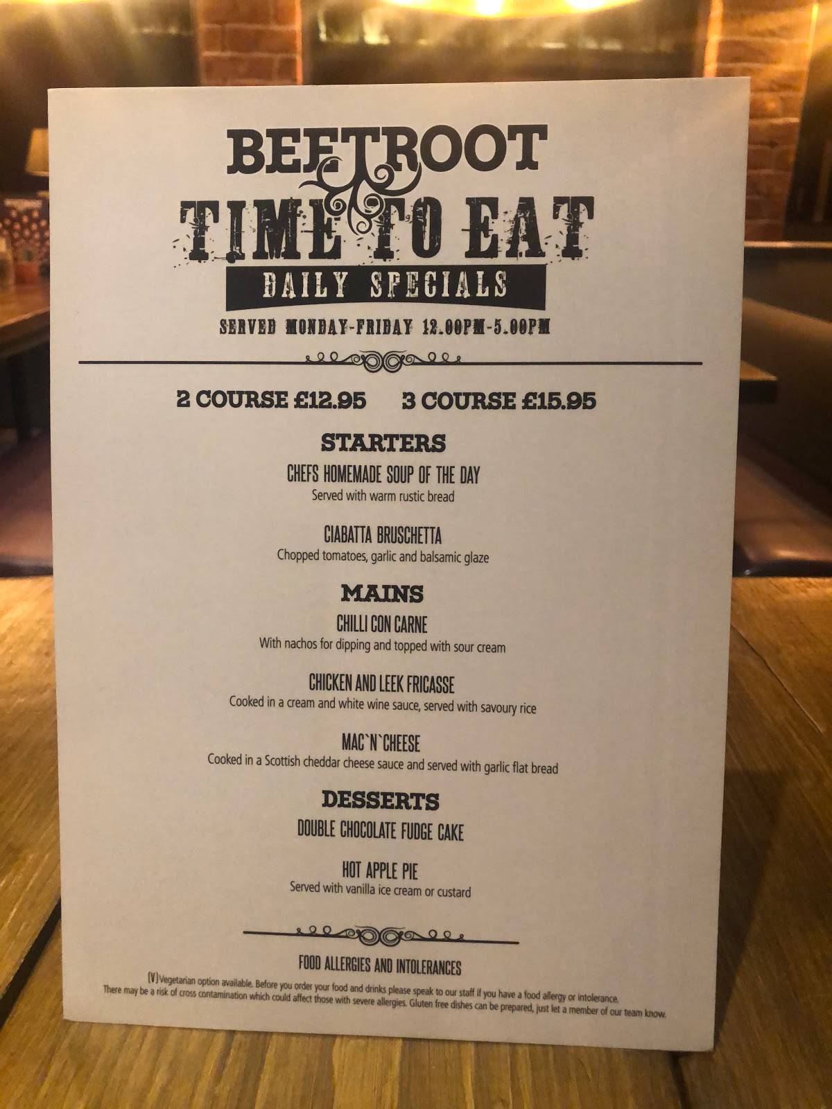 Menu at Beetroot Bar & Grill, Bonnyrigg