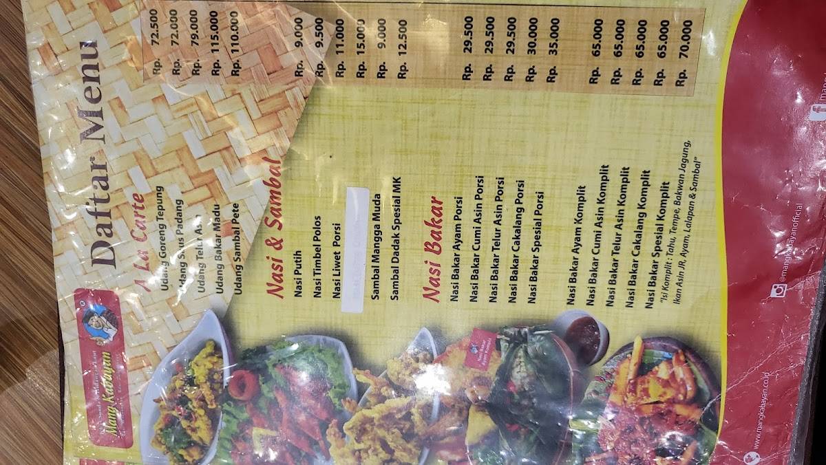 Menu at Mang Kabayan restaurant, Bekasi Regency, Jl. Gn. Tangkuban Perahu