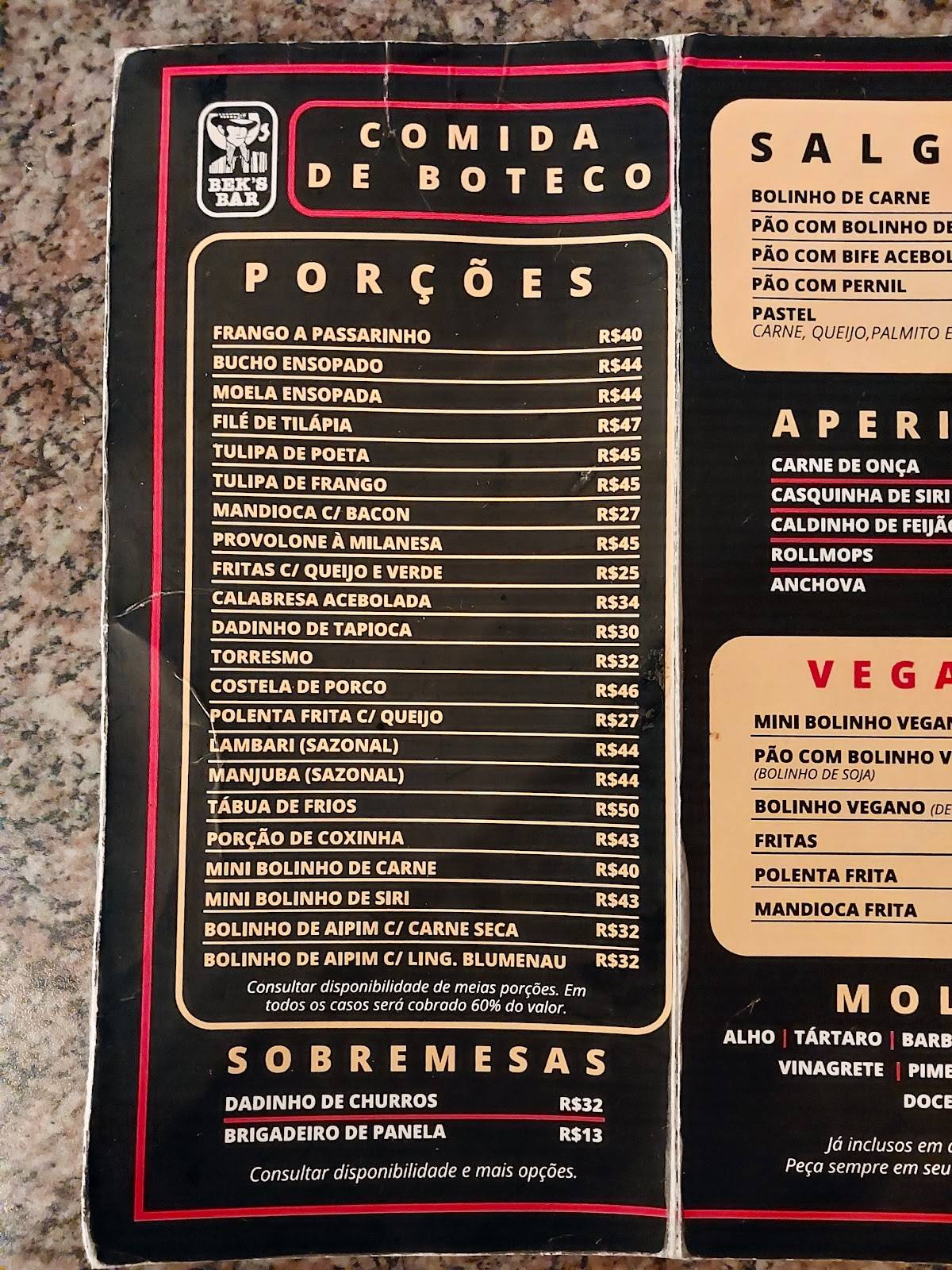 Menu em Bek's Bar, Curitiba, Rua Brasílio Itiberê 3645