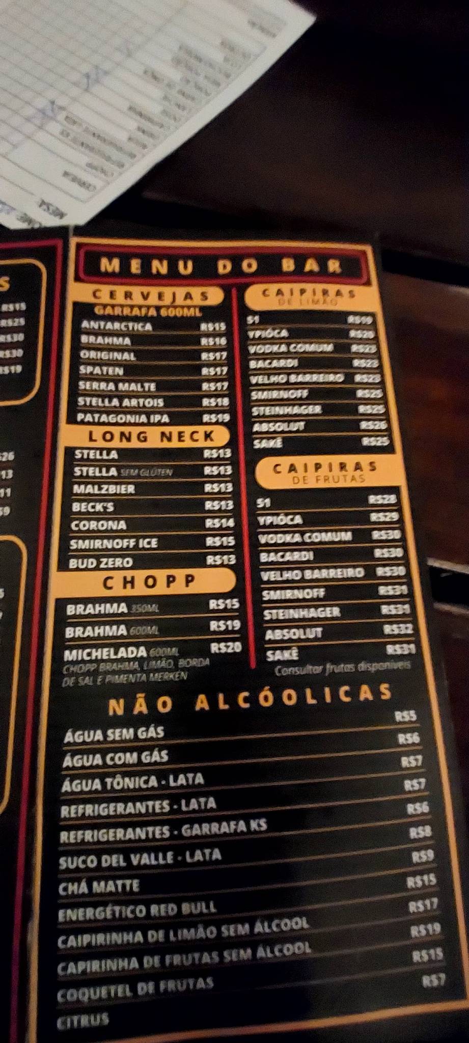 Menu em Bek's Bar, Curitiba, Rua Brasílio Itiberê 3645