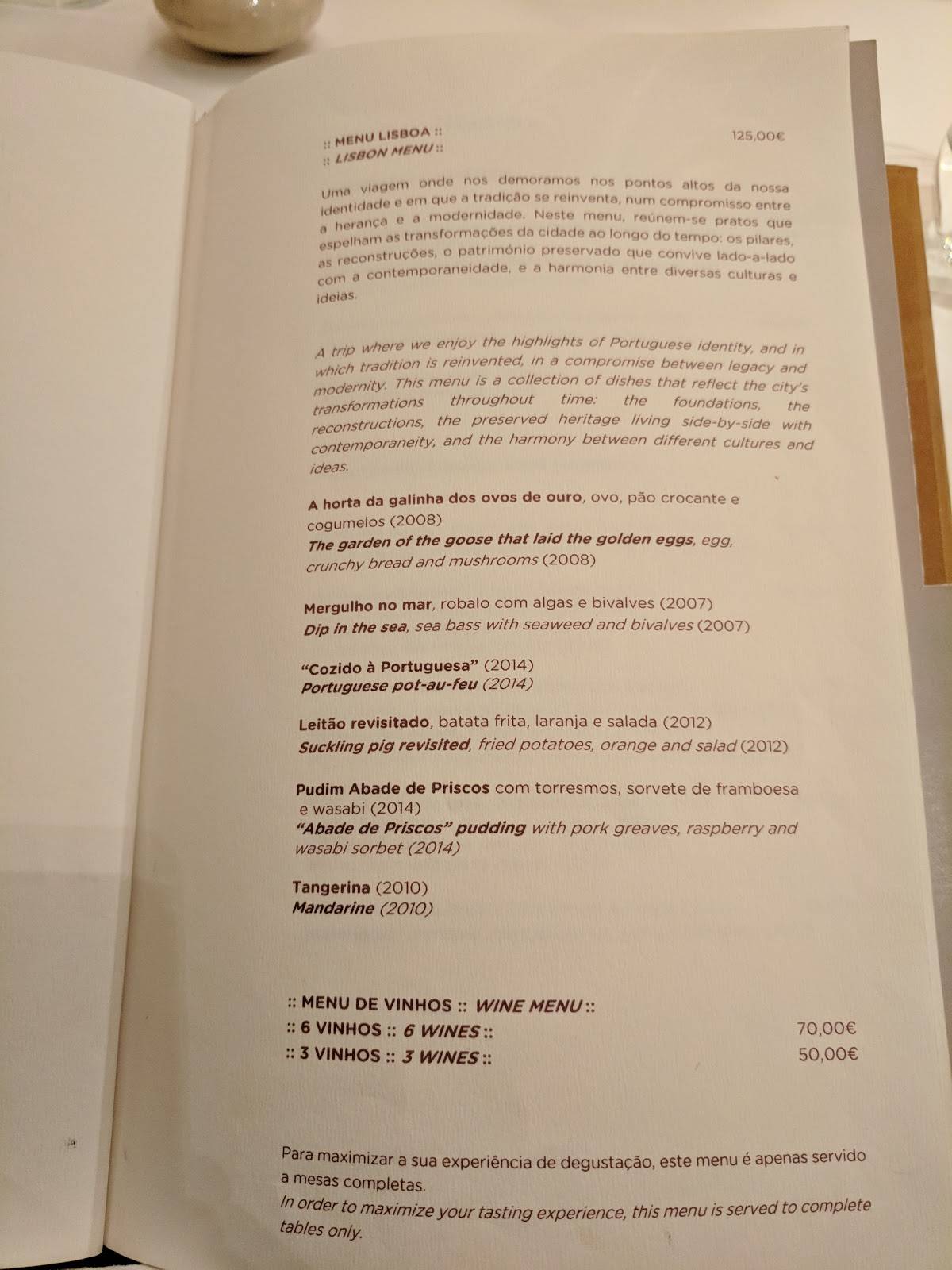 Menu at Belcanto restaurant, Lisbon, R. Serpa Pinto 10A