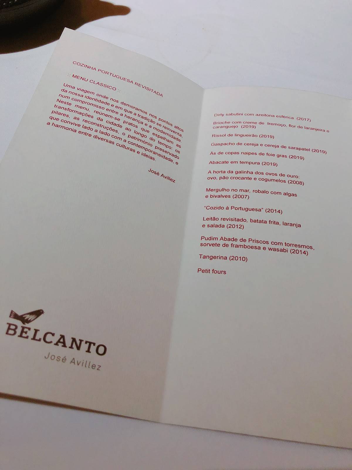 Menu at Belcanto restaurant, Lisbon, R. Serpa Pinto 10A