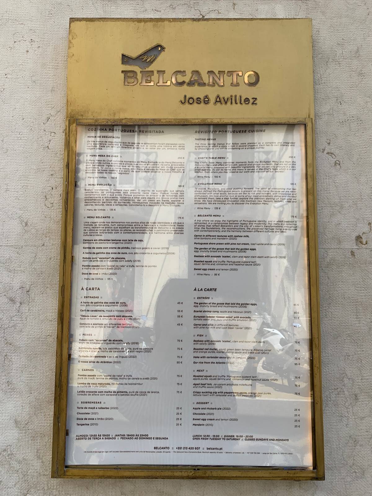 Menu at Belcanto restaurant, Lisbon, R. Serpa Pinto 10A