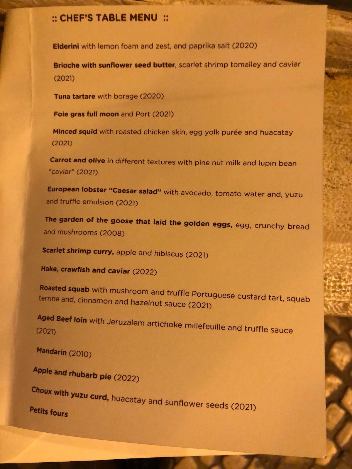 Menu at Belcanto restaurant, Lisbon, R. Serpa Pinto 10A