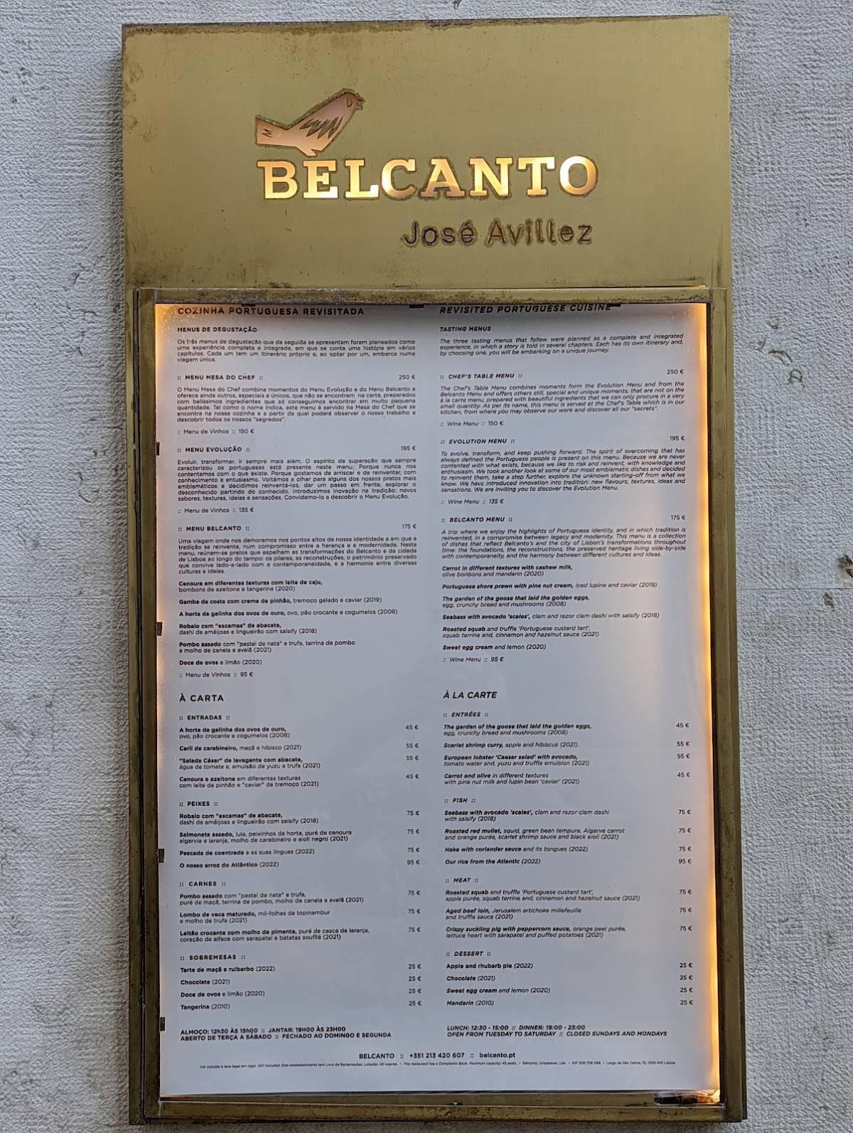 Menu at Belcanto restaurant, Lisbon, R. Serpa Pinto 10A