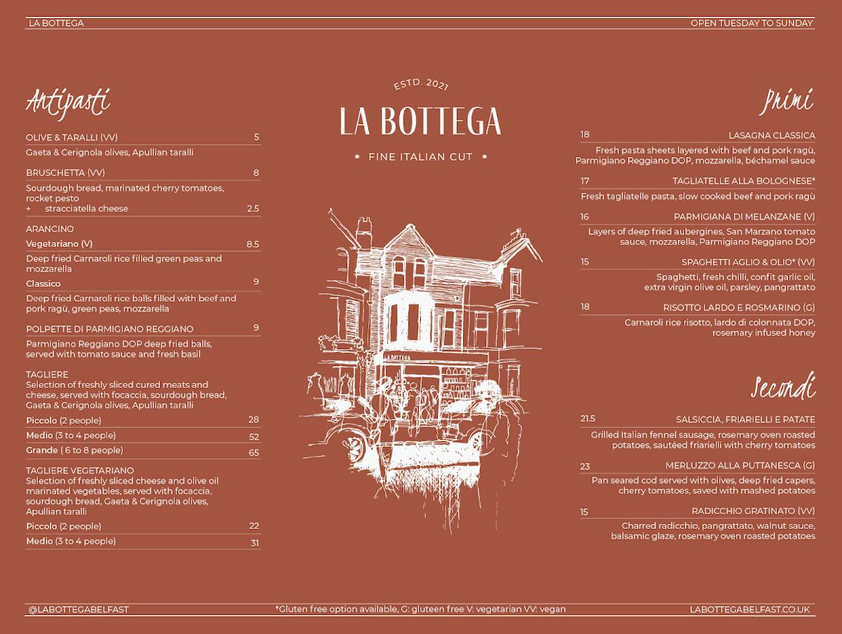 Menu at La Bottega restaurant, Belfast