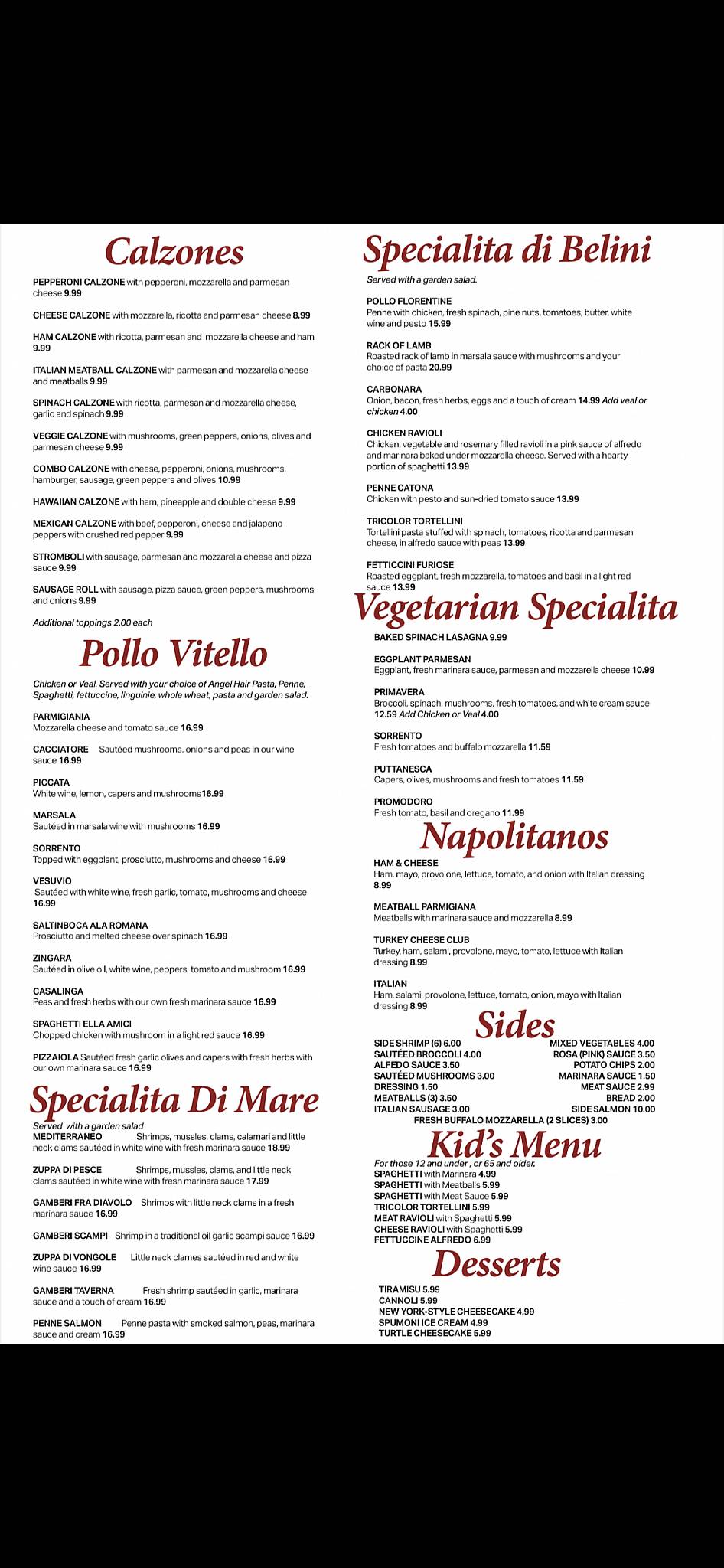 Menu at Melini Cucina Italian Restaurant, Portsmouth, 603 Chillicothe St