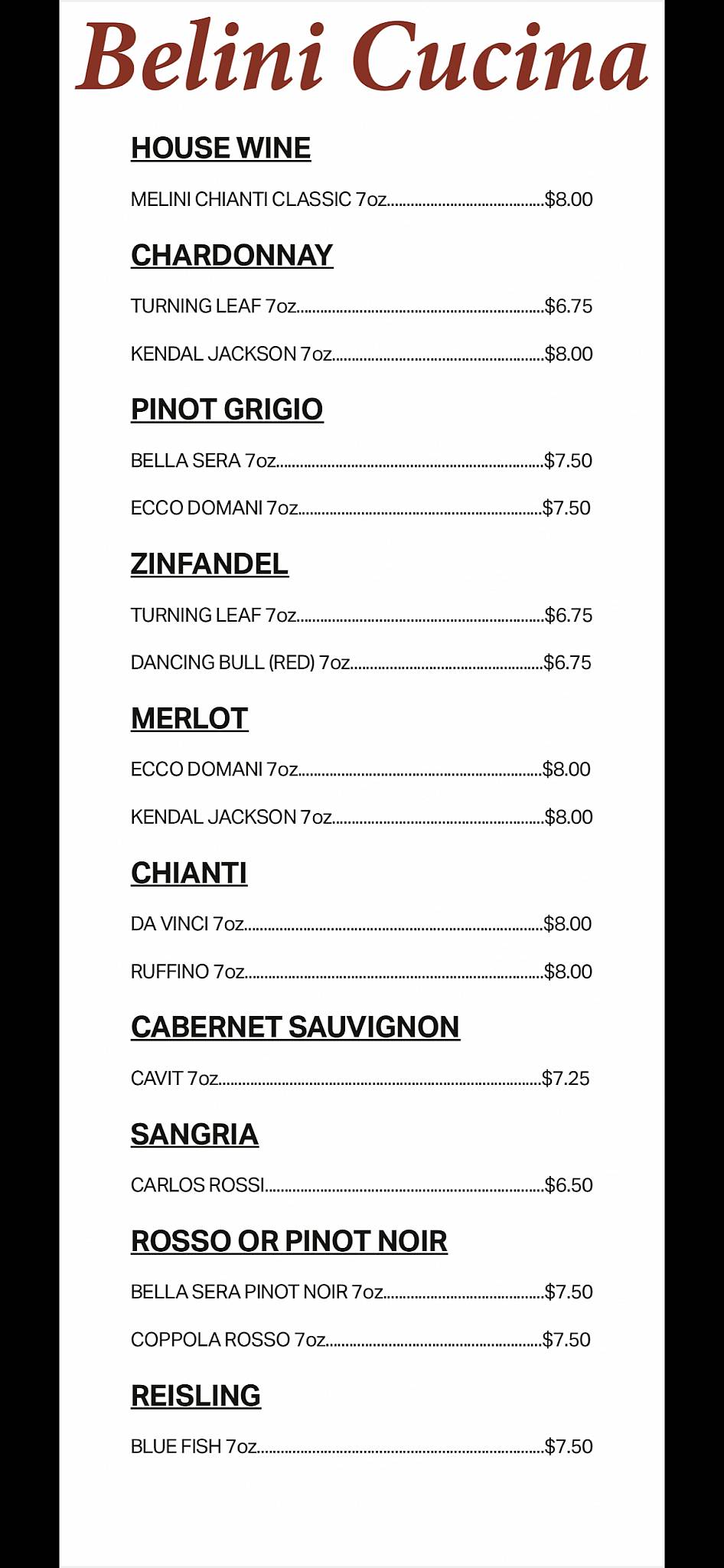 Menu at Melini Cucina Italian Restaurant, Portsmouth, 603 Chillicothe St