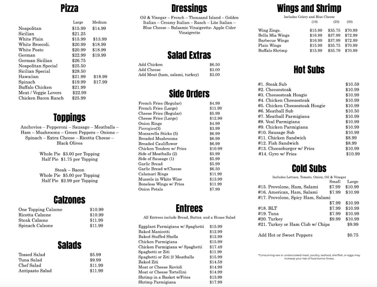 Carta del restaurante Bella Mia, Albrightsville