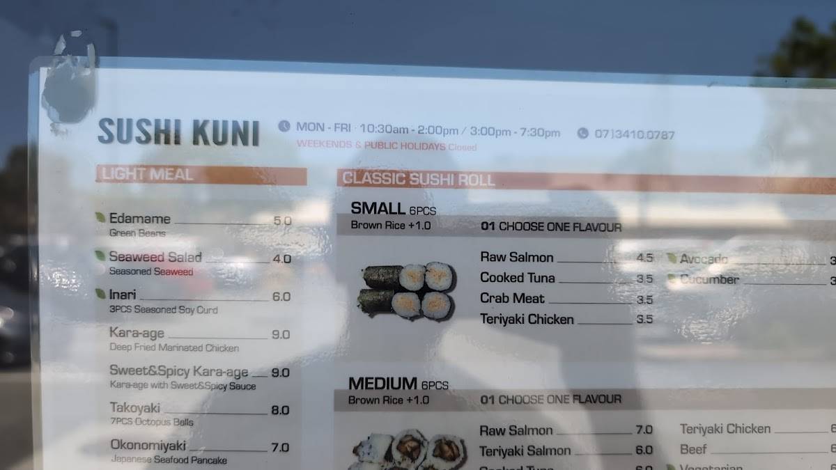 Menu at Sushi Kuni restaurant, Bongaree