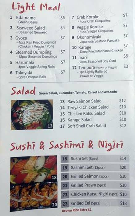 Menu at Sushi Kuni restaurant, Bellara