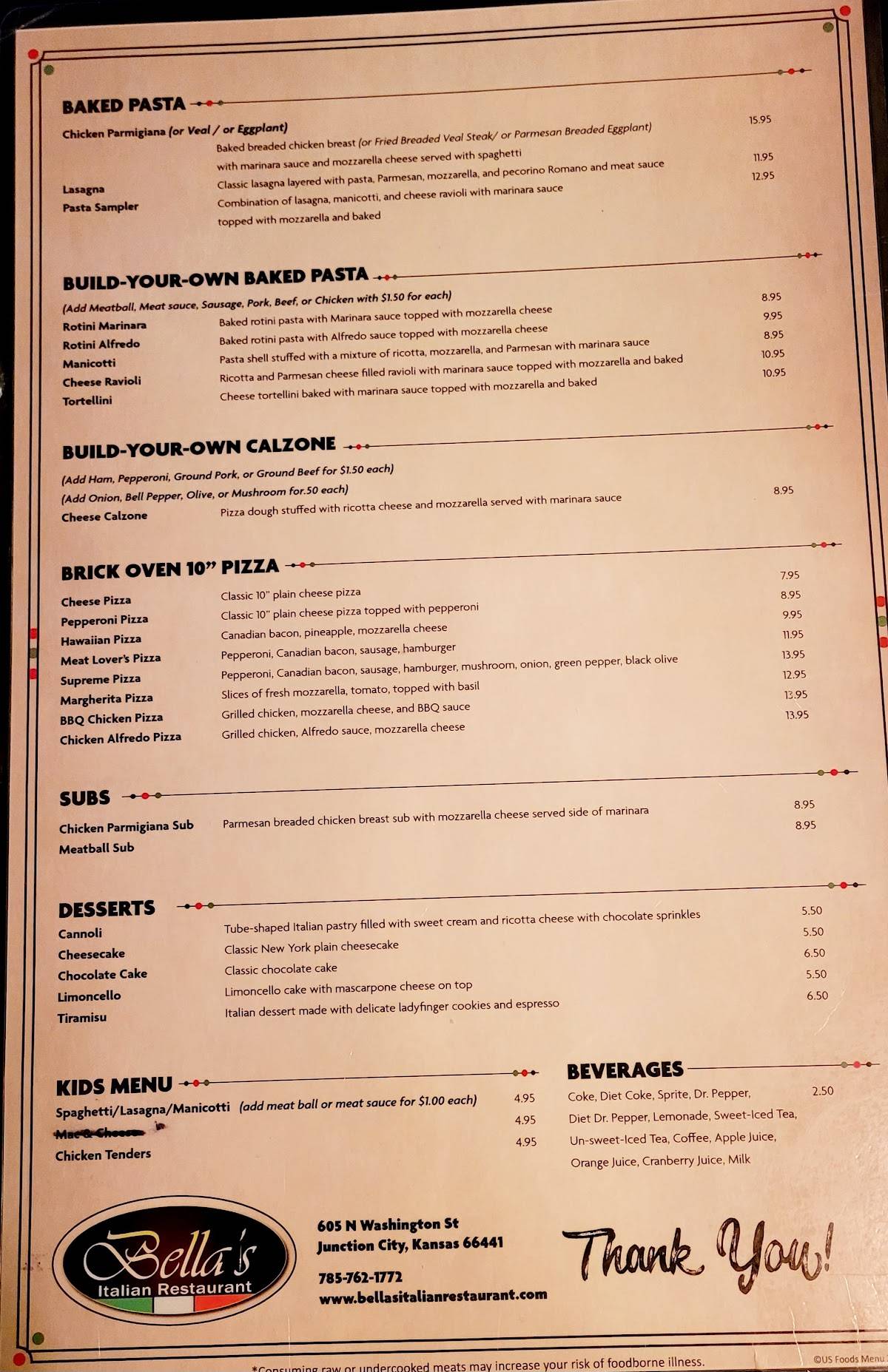 Carta de Bella’s Italian Restaurant, Junction City, 605 N Washington St
