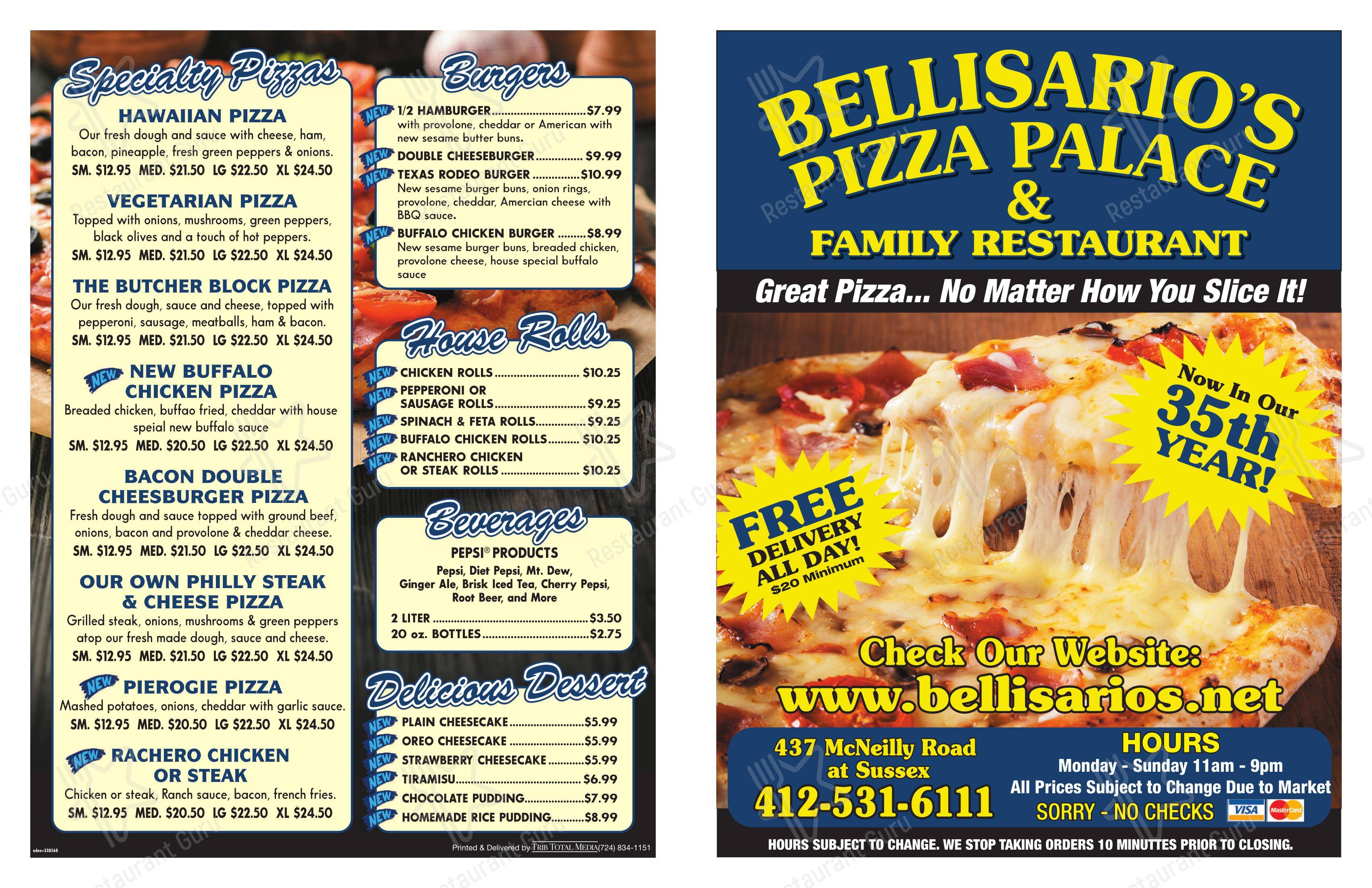 Menu at Bellisario Pizza Shop pizzeria, West Mifflin