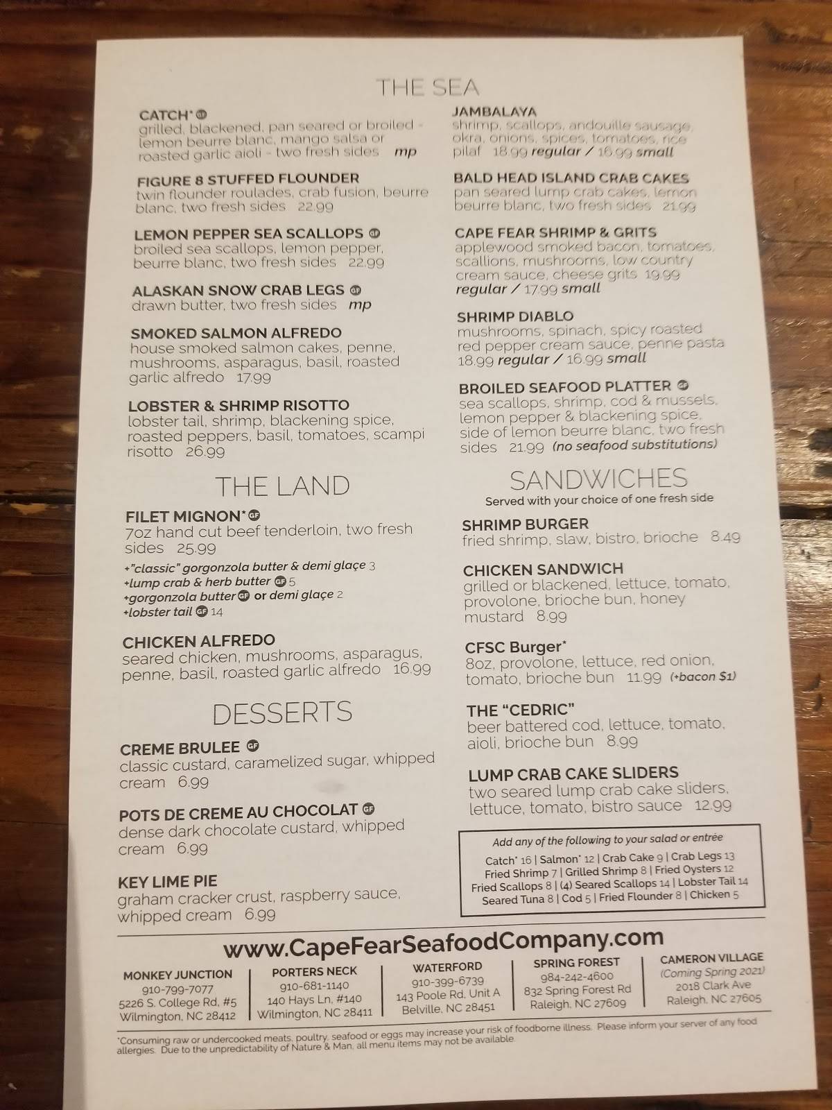 Menu at Cape Fear Seafood Company restaurant, Belville