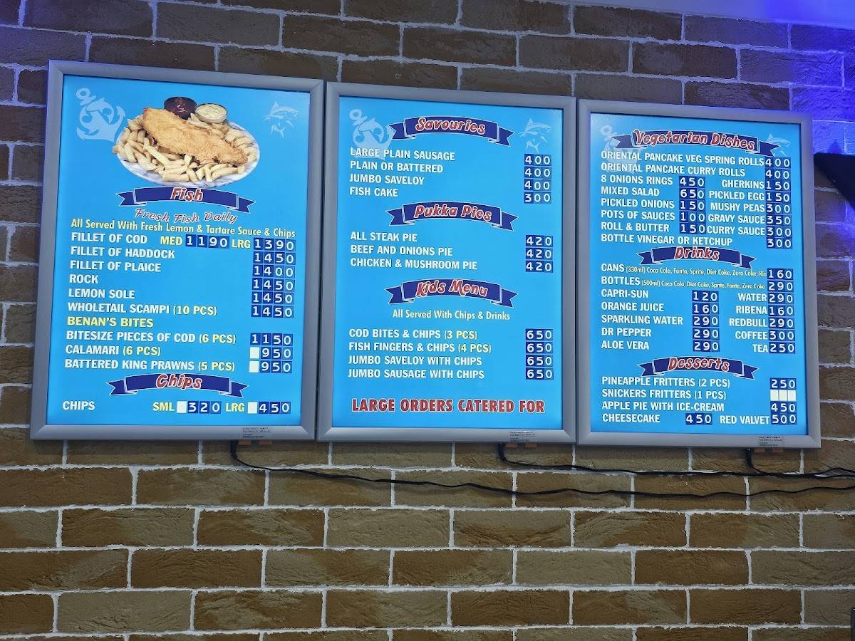 Menu at Benan’s Fish & Chips cafe, Esher