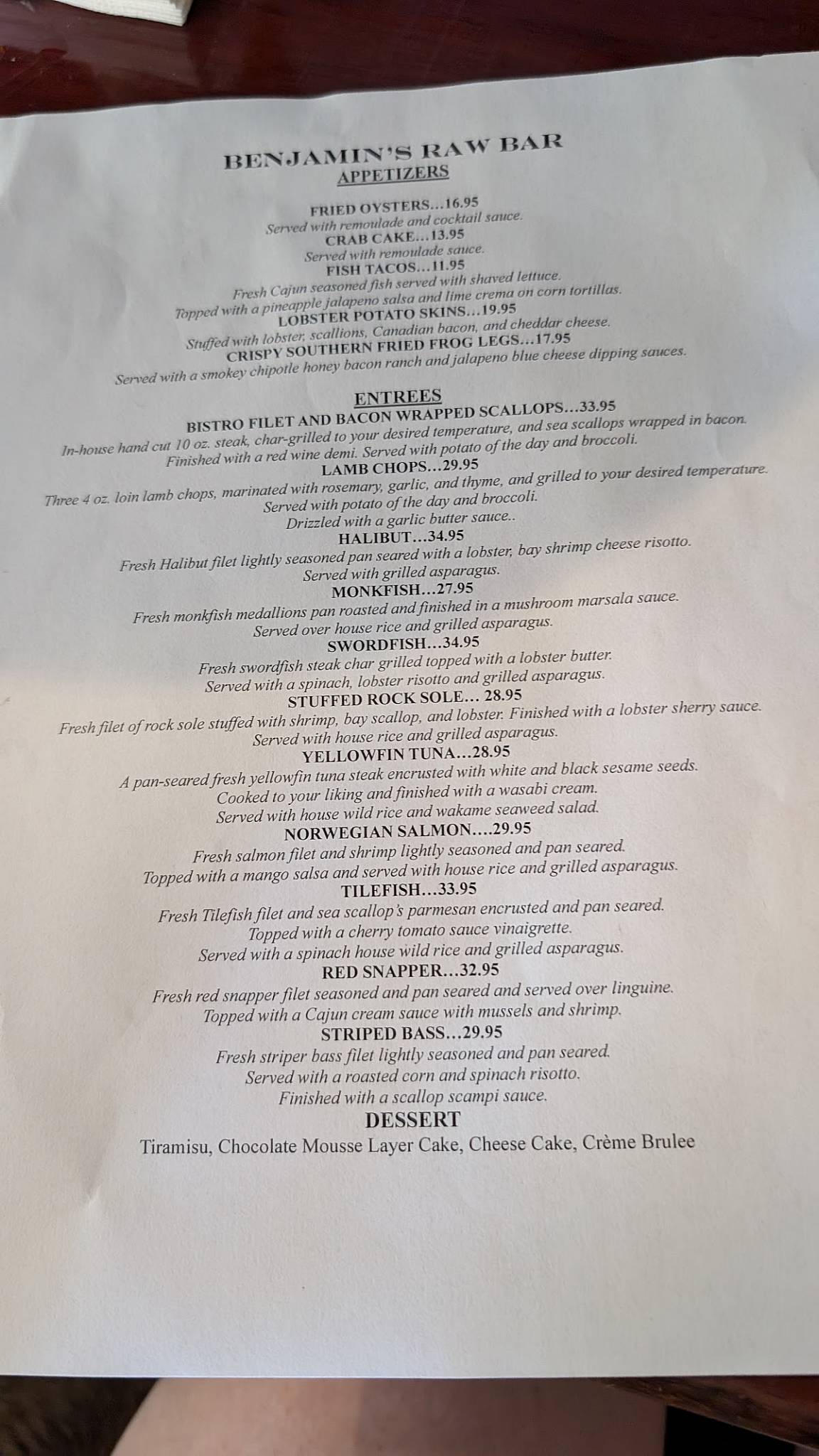Menu at Benjamin's restaurant, Newport