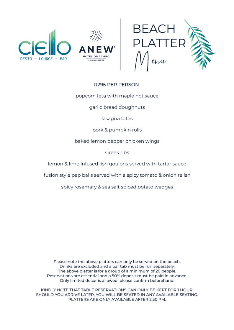 Menu at Cielo Restaurant, Benoni