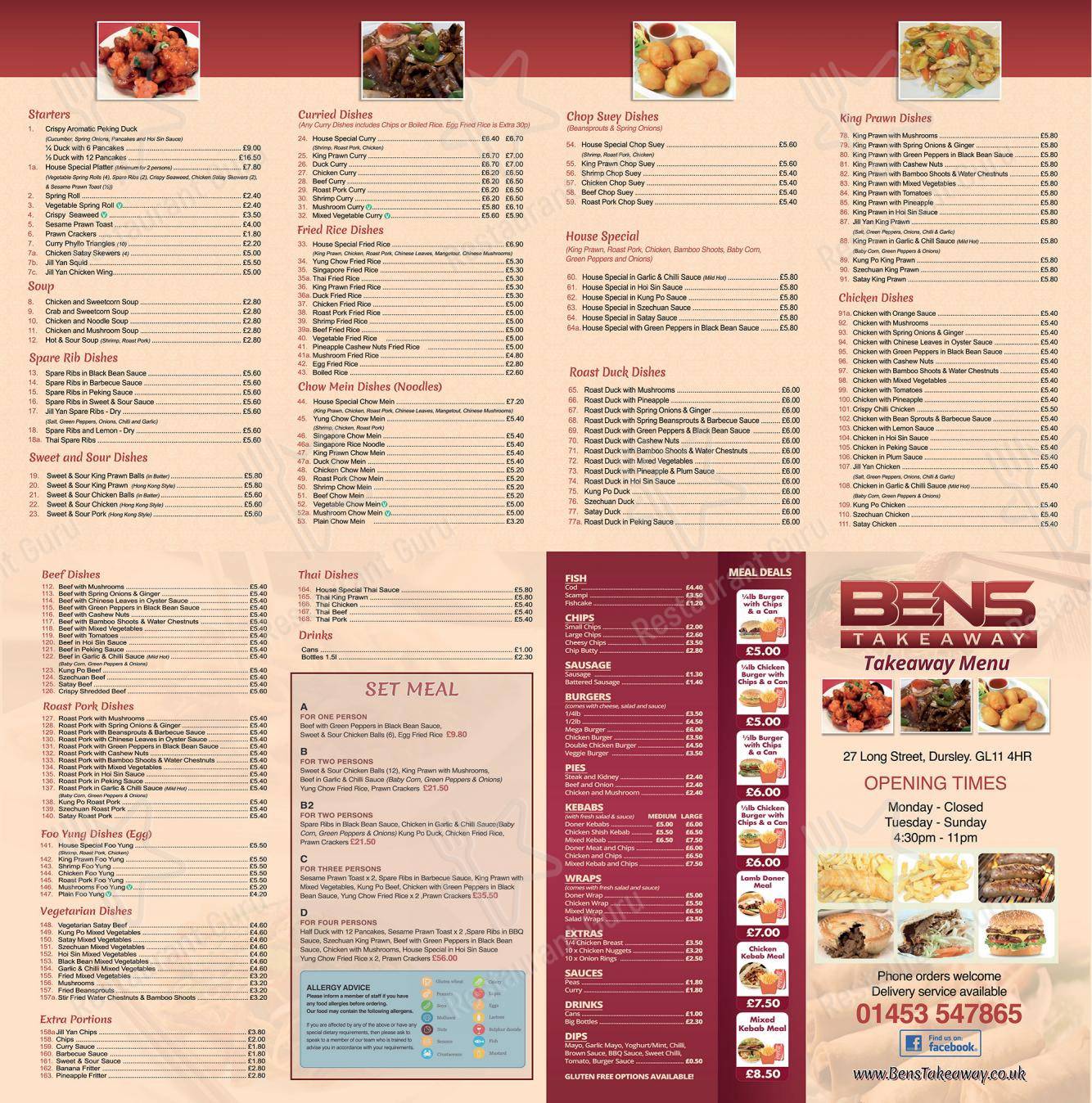 Menu at BEN'S TAKEAWAY fast food, Dursley