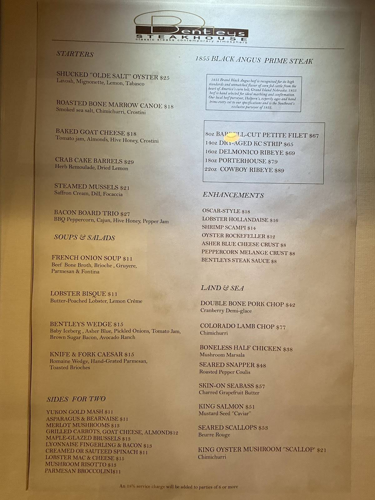 Menu at Bentley's Steakhouse, Atlanta