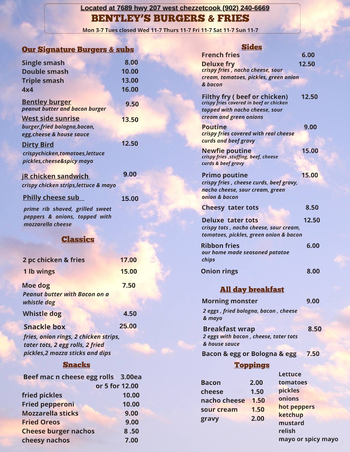 Menu at Bentley's burgers and fries restaurant, West Chezzetcook