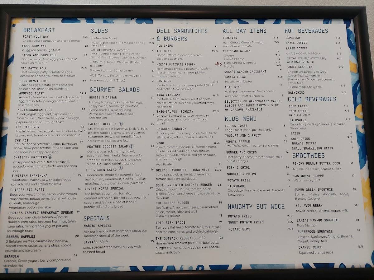 Menu at Benzie's Cafe, Botany