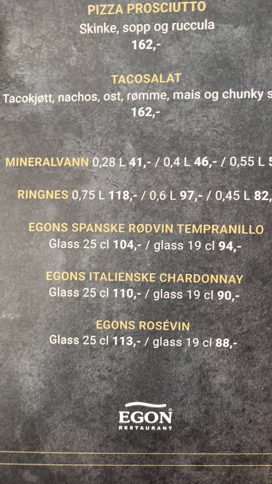 Menu at Egon restaurant, Bergen, Laguneveien 1