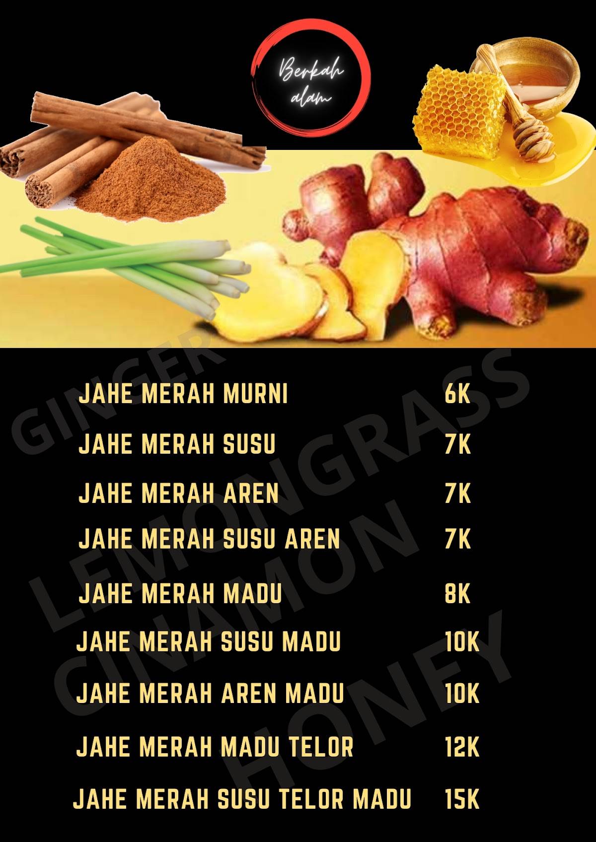 Menu at Berkah Alam Jahe Merah cafe, Bandung
