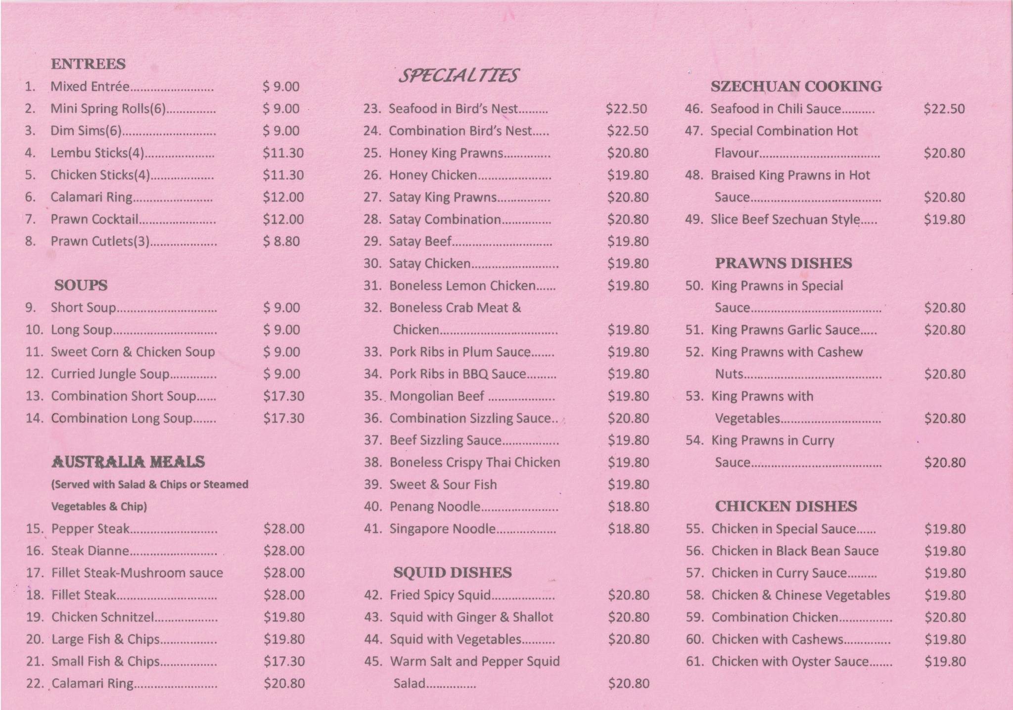 Menu at Berry Bowling Club, Berry
