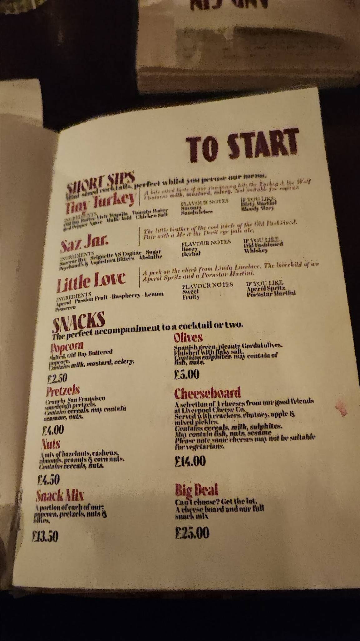 Menu at Berry and Rye pub & bar, Liverpool