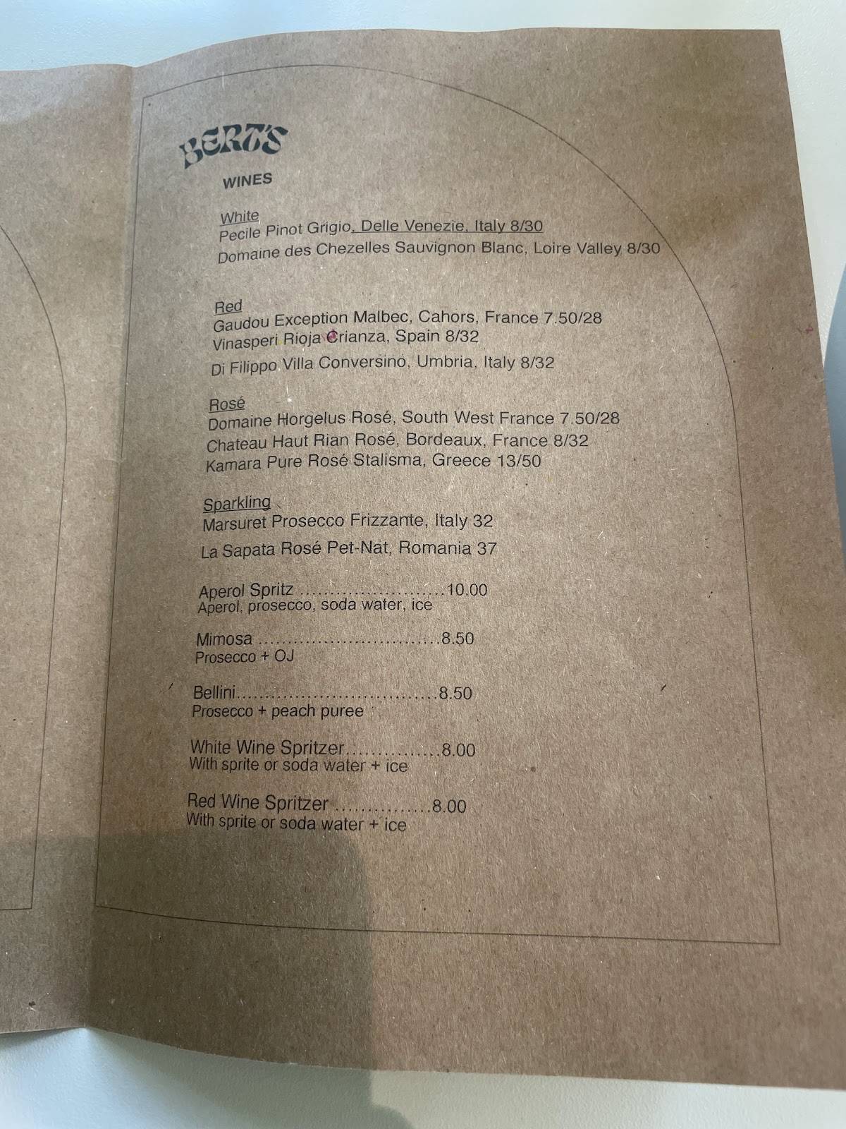 Menu at Bert’s restaurant, Clonakilty