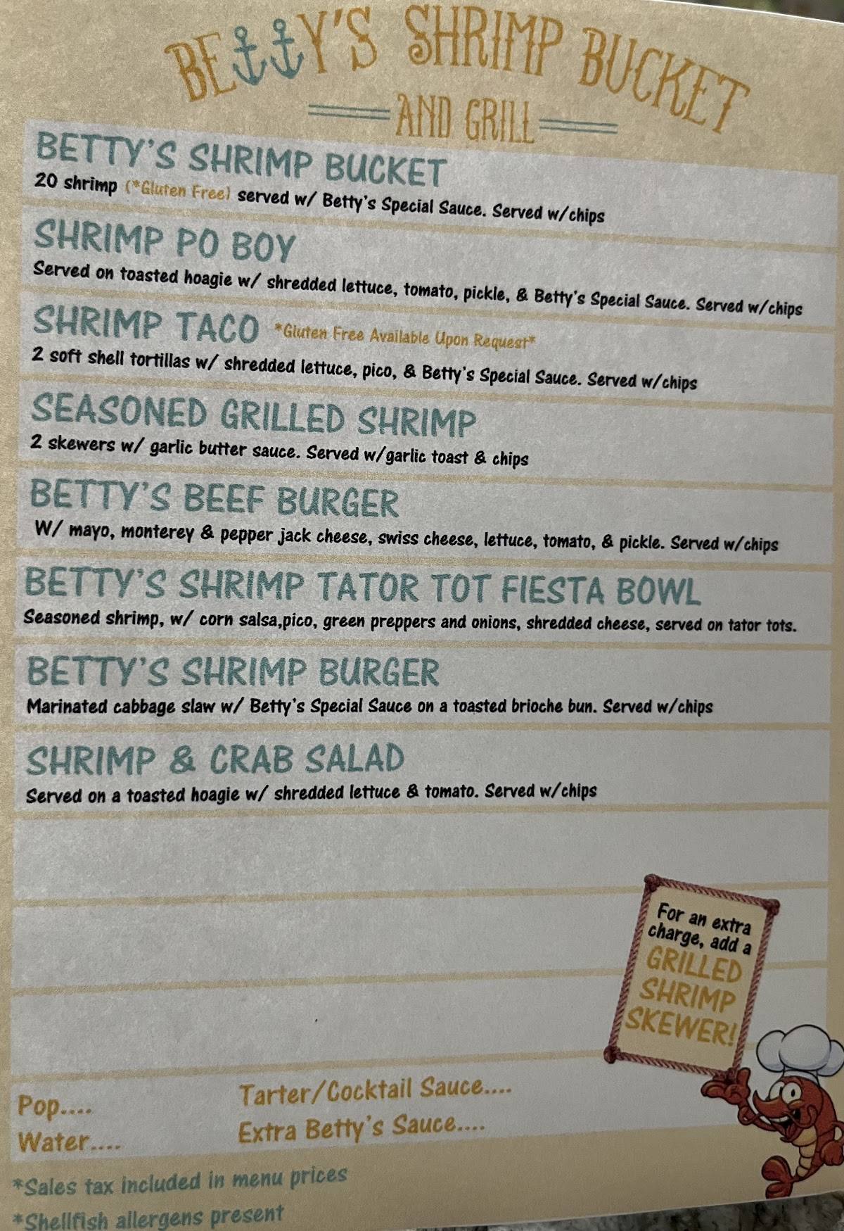 Menu at Betty's Shrimp Bucket and Grill restaurant, Saint Augusta