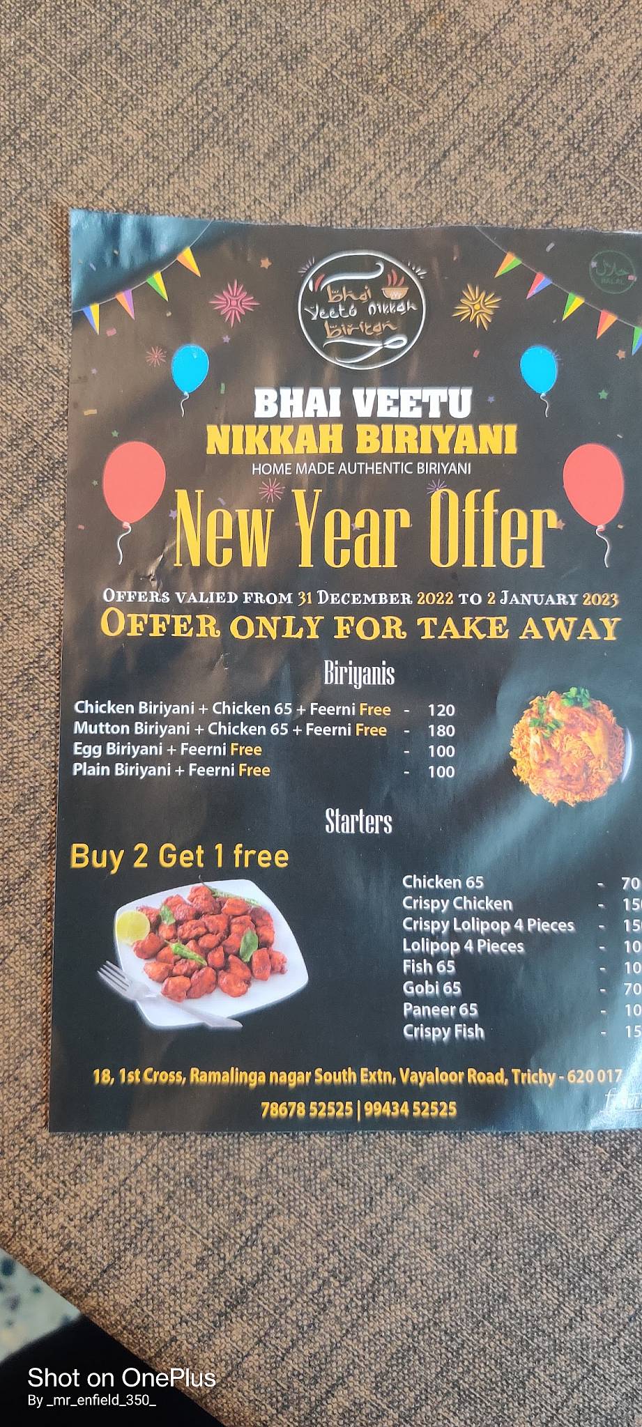 Menu at Bhai Veetu Nikkah Biriyani, Tiruchirappalli