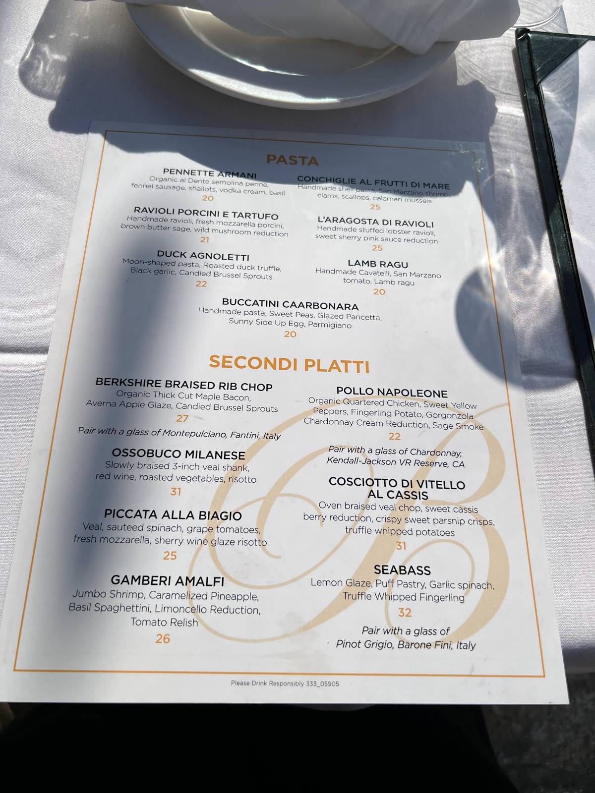 Menu at Biagio's Osteria restaurant, Stratford