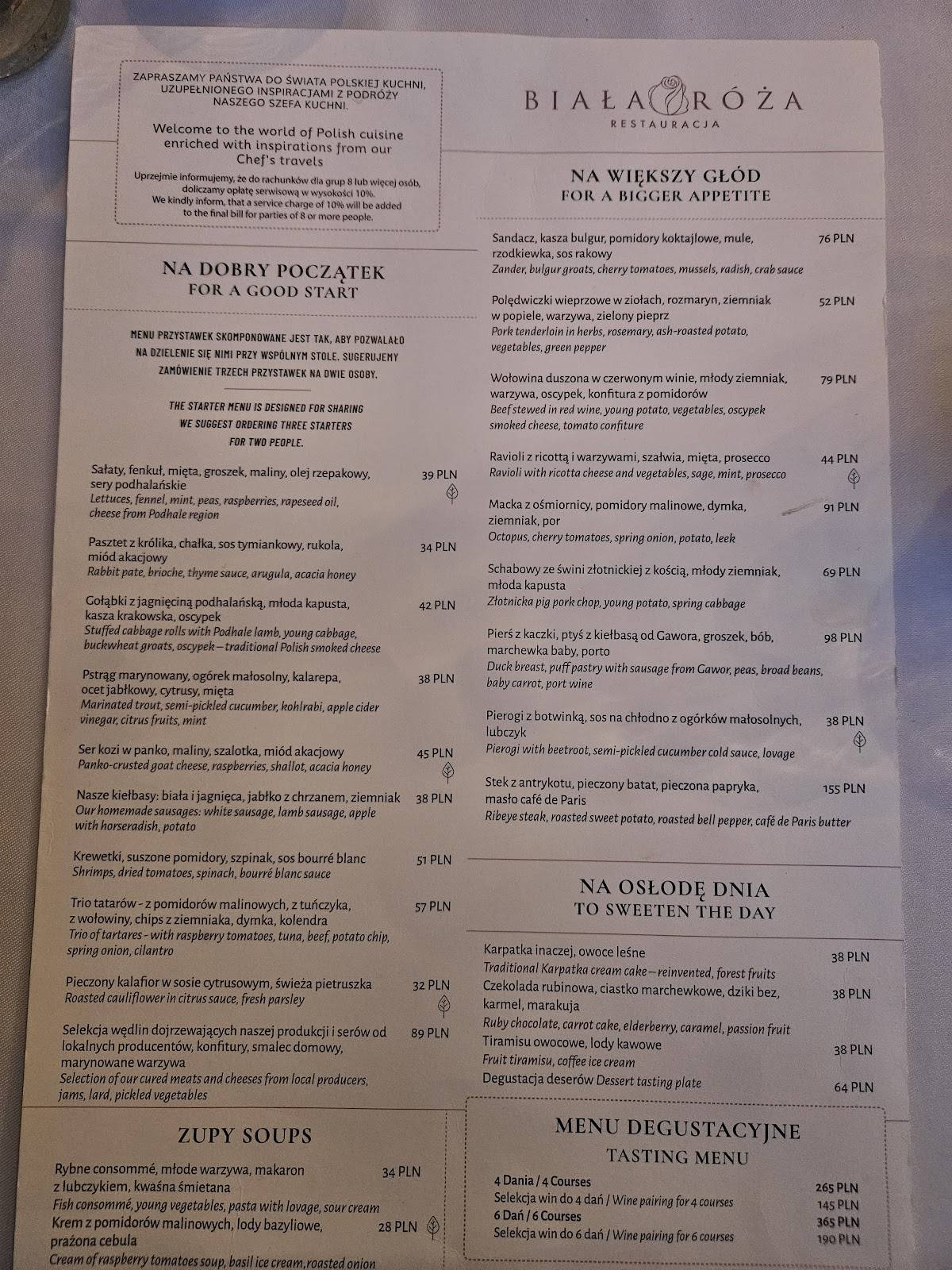 Menu at Biała Róża restaurant, Kraków