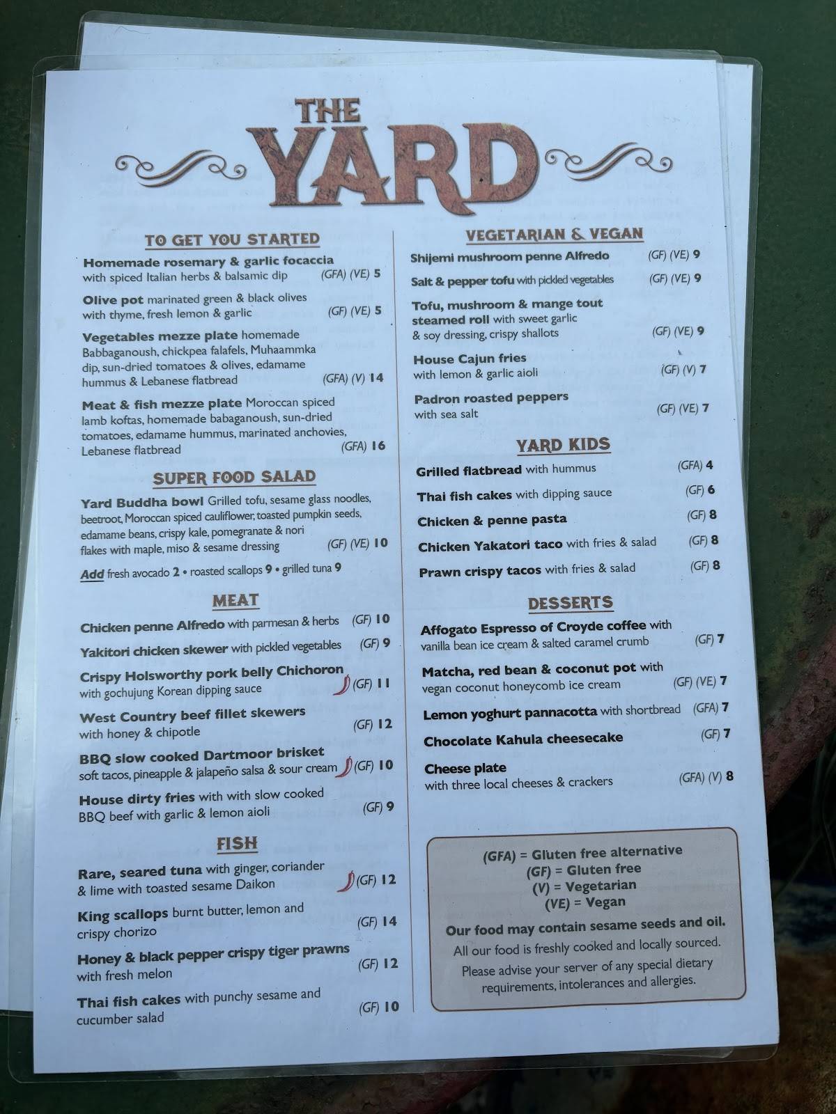 Menu at The Yard Appledore restaurant, Bideford