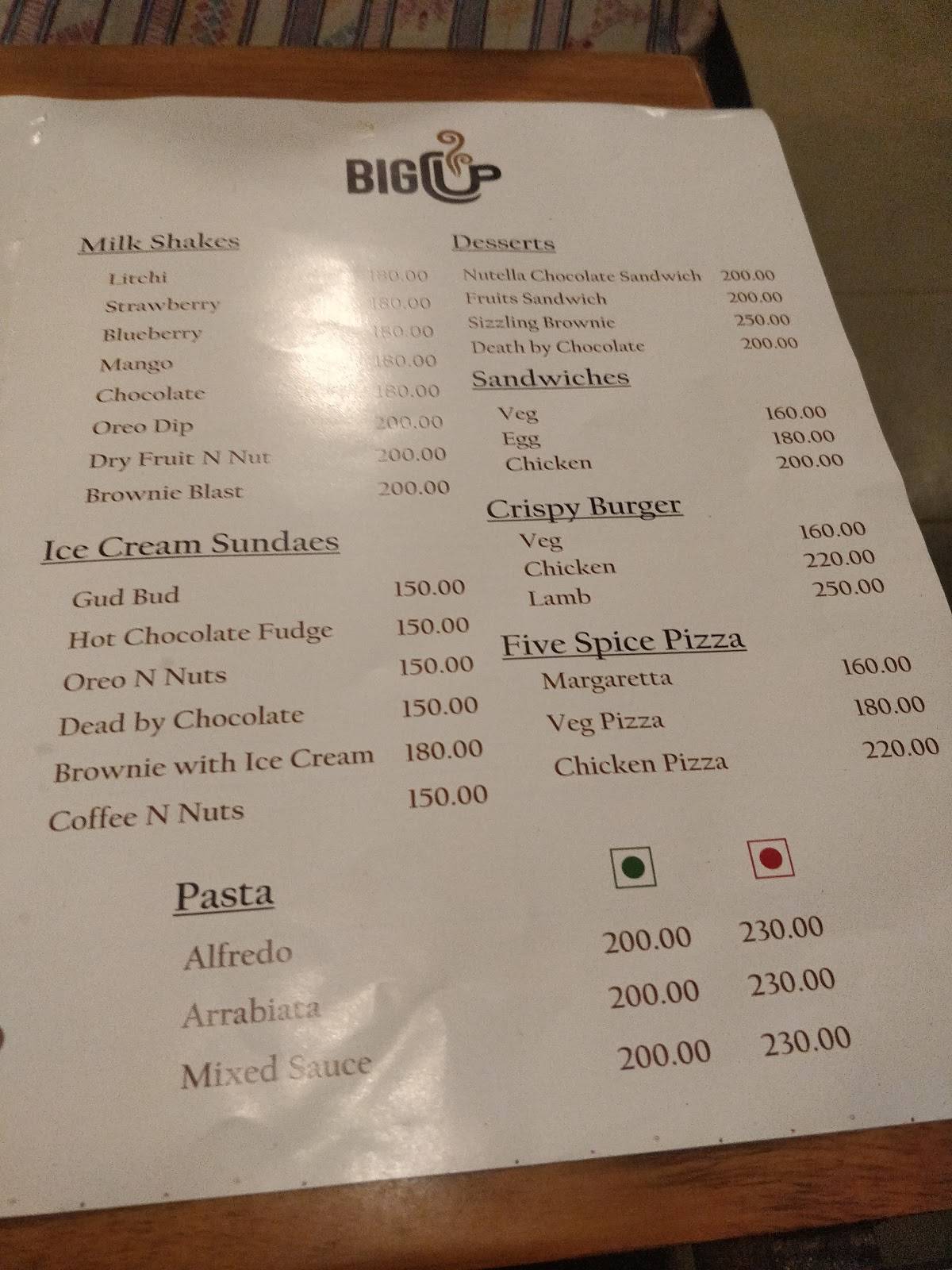 Menu at Big Cup Cafe, Ibnivalvadi Rural, Mysore - Madikeri Rd