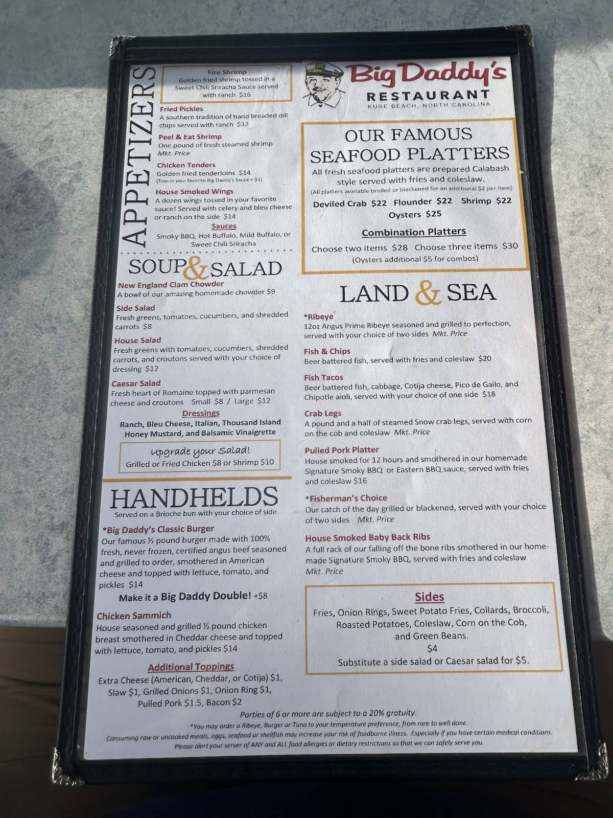 Menu at Big Daddy's Seafood Restaurant, Kure Beach