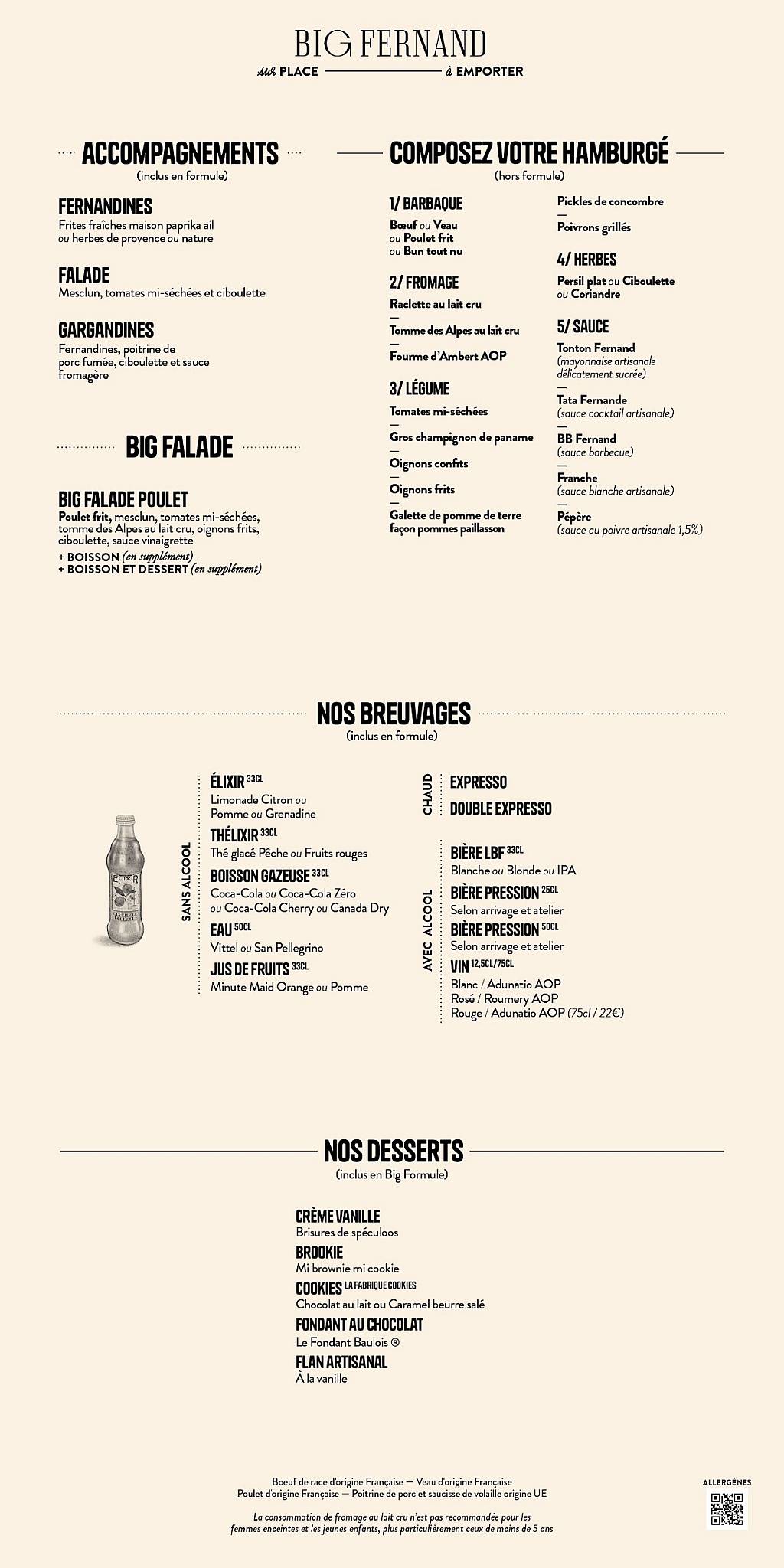 Menu au Big Fernand restaurant, Reichstett