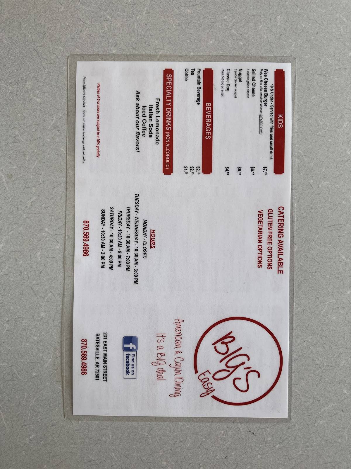 Menu at Bigs Of Batesville restaurant, Batesville