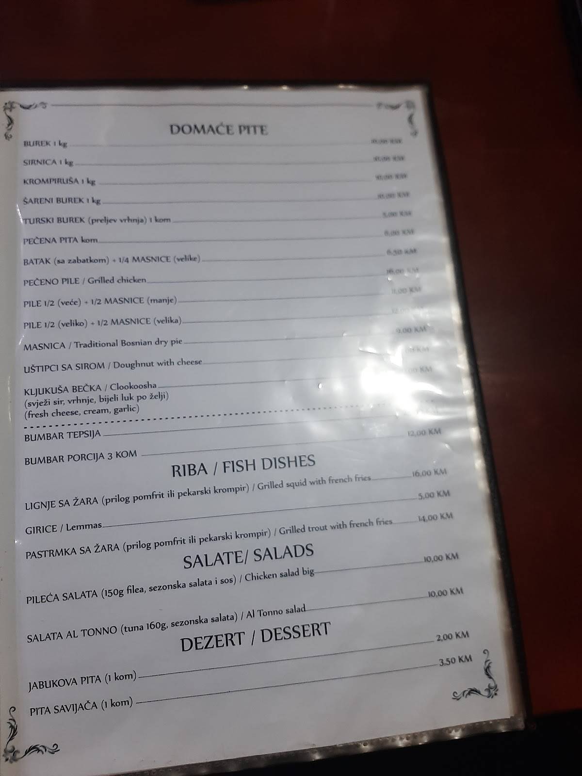 Menu au Amfora restaurant, Bihać