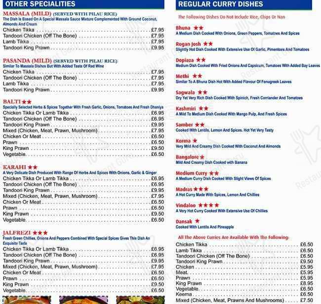 Menu at Bilash Balti House restaurant, Swinton