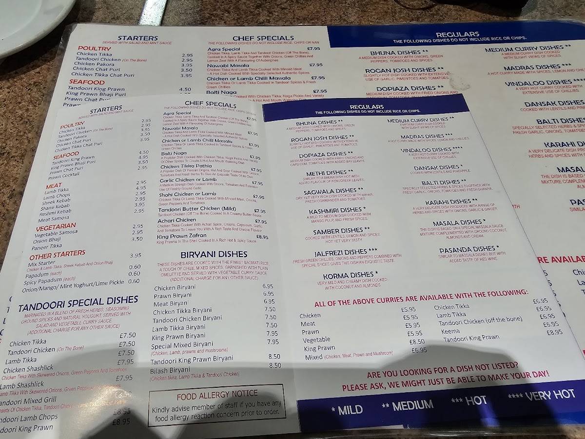 Menu at Bilash Balti House restaurant, Swinton
